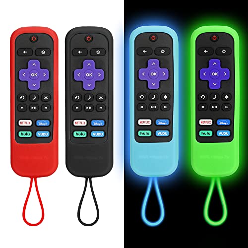 GOODKURU 4 Pack Remote Cover for Roku, The Case Compatible with Roku Voice Official, Silicone Universal Protective Controller Sleeve TV Glow in Green, Blue, Black, red