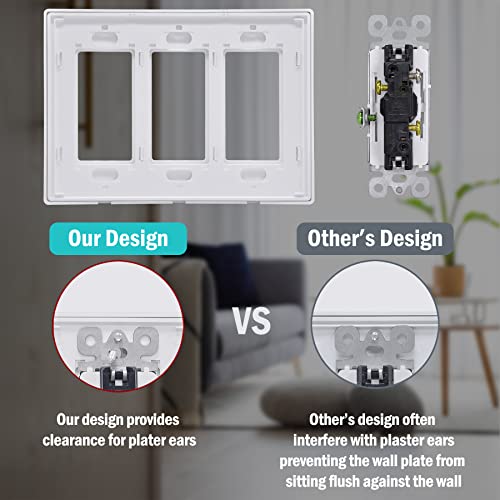 CML 3-Gang Screwless Decorator Wall Plate, 2 Pack Light Switch Covers, Outlet Receptacle Cover, Hidden Screw Smooth Face, Impact Resistant, Standard Size 4.68”X 6.54”, Glossy White