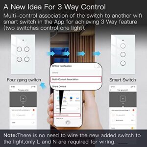 MOES 2.4GHz WiFi Wall Touch Smart Switch Neutral Wire Required, 3 Way Multi-Control, Glass Panel Light Switch Work with Smart Life/Tuya App, RF433 Remote Control, Alexa and Google Home White 4 Gang