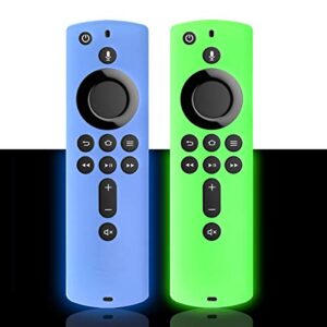 2 pack tv stick remote cover case, silicone remote cover case compatible with 4k tv stick, lightweight anti slip shockproof remote cover case (blue glow & green glow)