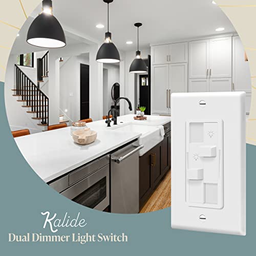 TOPGREENER Kalide Dual Load Dimmer Light Switch, Double LED Dimmer Switch, Full Range Dimming, Single Pole, 120VAC, 60Hz, 200W LED/CFL, Neutral Wire Not Required, TGDDS-W, White