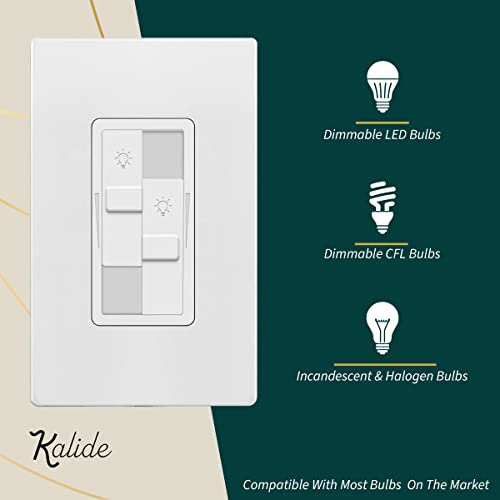 TOPGREENER Kalide Dual Load Dimmer Light Switch, Double LED Dimmer Switch, Full Range Dimming, Single Pole, 120VAC, 60Hz, 200W LED/CFL, Neutral Wire Not Required, TGDDS-W, White