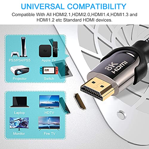 8K HDMI 2.1 Cable, 48Gbps Ultra HD Lead High-Speed Cord, Supports 8K@60Hz, 4K@120Hz, eARC HDR10, HDCP 2.2/2.3 Dolby, 3D, VRR, Compatible with Fire TV/Roku TV/PS5/Xbox/Nintendo Switch and More (4 ft)