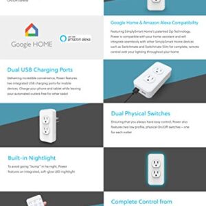 Power by SimplySmart Home, Dual Outlet Timer/Automation, DIY, USB Charger, Nightlight, No tools, No wiring, Snap on, Alexa, Google Assistant, iOS, Android, Smart Home, App