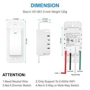 Smart Light Switch,Compatible with Alexa,Google Home, 2.4Ghz WiFi Smart Switch, Wireless Remote Control, Neutral Wire Required,Physical Button (2 Pack)