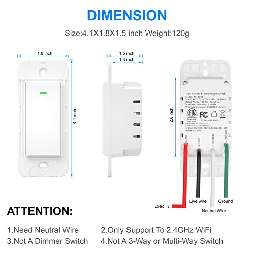 Smart Light Switch,Compatible with Alexa,Google Home, 2.4Ghz WiFi Smart Switch, Wireless Remote Control, Neutral Wire Required,Physical Button (2 Pack)