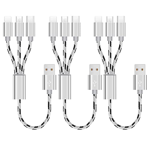 3Pack 1ft Multi Charging Cable Short Multi Charger Cable 3A Fast Charge USB Multi Cable 3 in 1 Universal Charging Cord Nylon Braided 3-1 Multiple Connectors for Cell Phones and More(Silver)