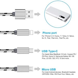 3Pack 1ft Multi Charging Cable Short Multi Charger Cable 3A Fast Charge USB Multi Cable 3 in 1 Universal Charging Cord Nylon Braided 3-1 Multiple Connectors for Cell Phones and More(Silver)