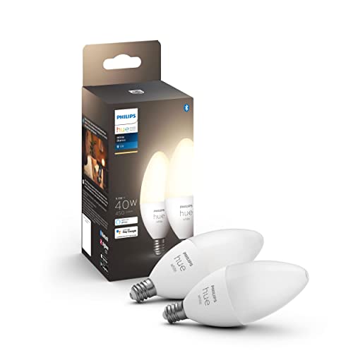 Philips Hue White LED Smart Candle, Bluetooth & Zigbee Compatible (Hue Hub Optional), Works with Alexa & Google Assistant – A Certified for Humans Device, 2 Bulbs