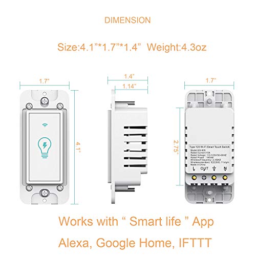 Micmi Smart WiFi Light Switch Compatible with Alexa/Google Home IFTTT Timing Wireless Voice Control Function, Suit for 1/2/3/4 Gang Switch Box in Wall, Neutral Wire Required 1pack