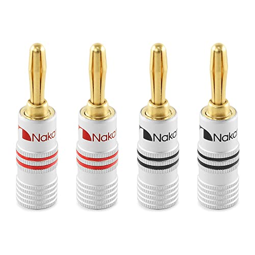 Nakamichi Excel Series 24k Gold Plated Banana Plug 12 AWG - 18 AWG Gauge Size 4mm for Speakers Amplifier Hi-Fi AV Receiver Stereo Home Theatre Radio Audio Wire Cable Screw Connector 4 Pcs (2-Pairs)