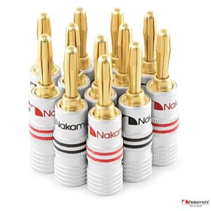 Nakamichi Excel Series 24k Gold Plated Banana Plug 12 AWG - 18 AWG Gauge Size 4mm for Speakers Amplifier Hi-Fi AV Receiver Stereo Home Theatre Radio Audio Wire Cable Screw Connector 4 Pcs (2-Pairs)