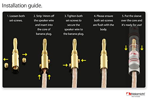 Nakamichi Excel Series 24k Gold Plated Banana Plug 12 AWG - 18 AWG Gauge Size 4mm for Speakers Amplifier Hi-Fi AV Receiver Stereo Home Theatre Radio Audio Wire Cable Screw Connector 4 Pcs (2-Pairs)