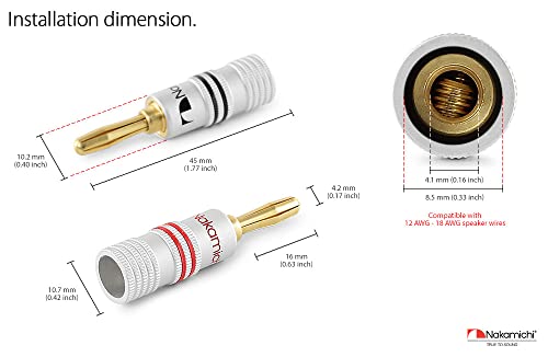 Nakamichi Excel Series 24k Gold Plated Banana Plug 12 AWG - 18 AWG Gauge Size 4mm for Speakers Amplifier Hi-Fi AV Receiver Stereo Home Theatre Radio Audio Wire Cable Screw Connector 4 Pcs (2-Pairs)