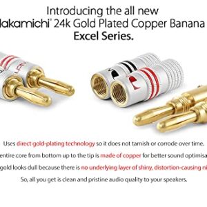 Nakamichi Excel Series 24k Gold Plated Banana Plug 12 AWG - 18 AWG Gauge Size 4mm for Speakers Amplifier Hi-Fi AV Receiver Stereo Home Theatre Radio Audio Wire Cable Screw Connector 4 Pcs (2-Pairs)