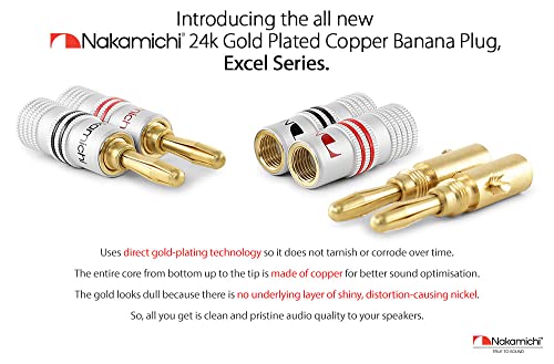 Nakamichi Excel Series 24k Gold Plated Banana Plug 12 AWG - 18 AWG Gauge Size 4mm for Speakers Amplifier Hi-Fi AV Receiver Stereo Home Theatre Radio Audio Wire Cable Screw Connector 4 Pcs (2-Pairs)