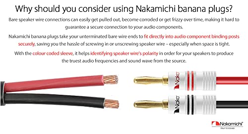 Nakamichi Excel Series 24k Gold Plated Banana Plug 12 AWG - 18 AWG Gauge Size 4mm for Speakers Amplifier Hi-Fi AV Receiver Stereo Home Theatre Radio Audio Wire Cable Screw Connector 4 Pcs (2-Pairs)