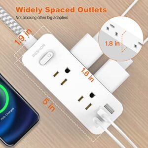 Power Strip Surge Protector, 5Ft Extension Cord, 6 Outlets with 3 USB Ports(1 USB C Outlet), 3-Side Outlet Extender, Wall Mount, Compact for Travel, Home, School, College Dorm Room, and Office