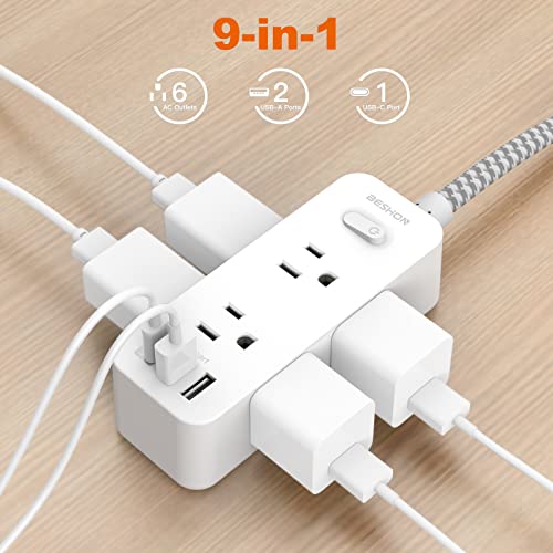 Power Strip Surge Protector, 5Ft Extension Cord, 6 Outlets with 3 USB Ports(1 USB C Outlet), 3-Side Outlet Extender, Wall Mount, Compact for Travel, Home, School, College Dorm Room, and Office