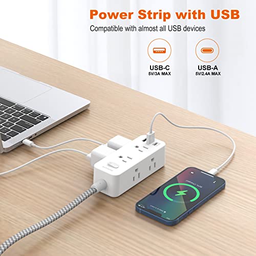 Power Strip Surge Protector, 5Ft Extension Cord, 6 Outlets with 3 USB Ports(1 USB C Outlet), 3-Side Outlet Extender, Wall Mount, Compact for Travel, Home, School, College Dorm Room, and Office