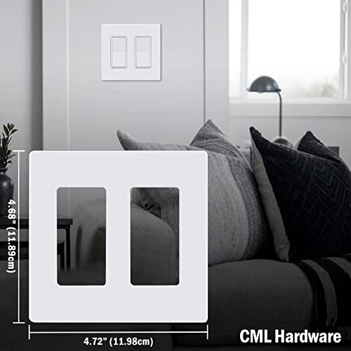 CML Screwless Decorator Wall Plate, 2 Gang Outlet Covers, 4 Pack Decorative Light Switch Plates, Hidden Screw Smooth Face, Standard Size 4.68”X 4.72”, Impact Resistant, White