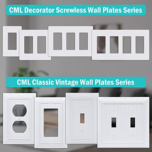 CML Screwless Decorator Wall Plate, 2 Gang Outlet Covers, 4 Pack Decorative Light Switch Plates, Hidden Screw Smooth Face, Standard Size 4.68”X 4.72”, Impact Resistant, White