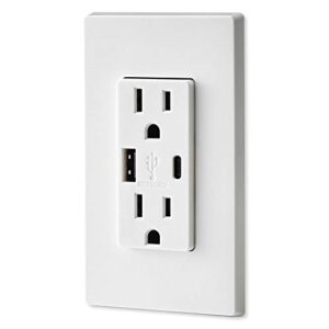 Leviton T5633-W 15-Amp Type A & Type-C USB Charger/Tamper Resistant Outlet, Not for Laptops, White