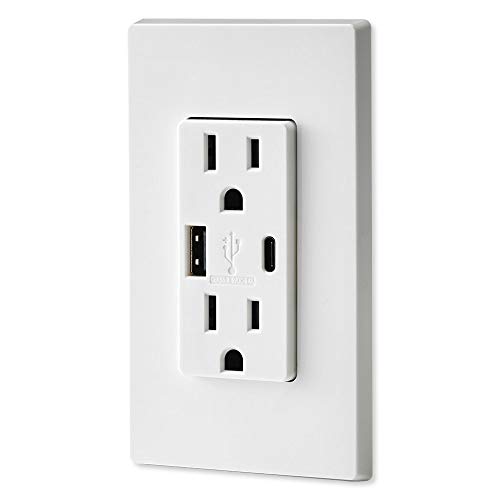 Leviton T5633-W 15-Amp Type A & Type-C USB Charger/Tamper Resistant Outlet, Not for Laptops, White