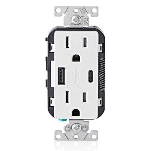 leviton t5633-w 15-amp type a & type-c usb charger/tamper resistant outlet, not for laptops, white