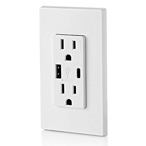 Leviton T5633-W 15-Amp Type A & Type-C USB Charger/Tamper Resistant Outlet, Not for Laptops, White