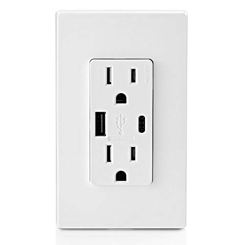 Leviton T5633-W 15-Amp Type A & Type-C USB Charger/Tamper Resistant Outlet, Not for Laptops, White