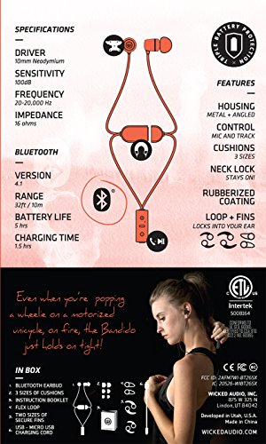 Wicked Audio Bandido Wireless — Bluetooth Earbuds with Microphone and Track Control — Wireless Headset with Metal Housing, Loop and Fin Attachments and Enhanced Bass — Red