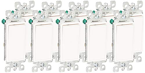 Leviton 5603-2W 15 Amp, 120/277V, Decora Rocker 3-Way AC Quiet Switch, Residential Grade, Grounding, 10 Pack, White