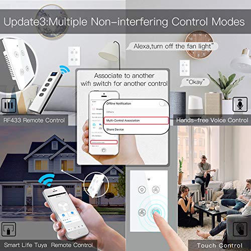 New Version WiFi RF Smart Ceiling Fan Light 2/3 Way Muilti-Control AssociationRelay Status Backlight Switch OFFSmart Life/Tuya APP RF Remote Speed Control Speed ControlAlexa Google Home Compatible