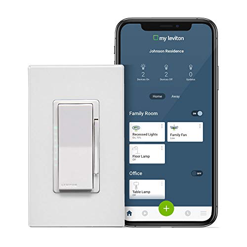 Leviton DW1KD-1BZ Decora Smart Wi-Fi 1000W Incandescent/450W LED Dimmer, No Hub Required, Works with Alexa, Google Assistant and Nest, 1-Pack, White