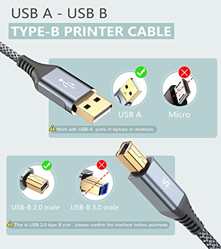 MAXGROUP Printer Cable 6ft, USB 2.0 Printer Cable USB-A to USB-B Cable, High Speed Nylon Braided USB Midi Cable Scanner Printer Cord for HP Canon Dell Epson Brother Lexmark Xerox Samsung Piano DAC