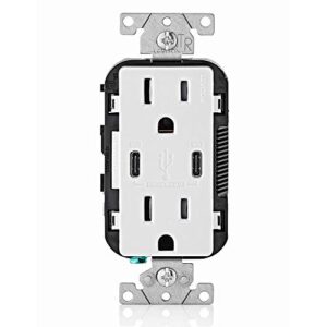 leviton t5635-w usb dual type-c with power delivery (pd) in-wall charger with 15 amp, 125 volt tamper-resistant outlet, white