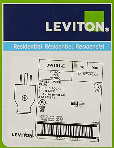 Leviton 3W101-E 2-Pole 3-Wire Grounding Plug, 10-Pack, Black