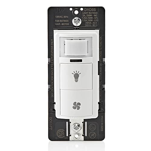 Leviton DHD05-1LW Dual Combination Humidity Sensor with Separate Light Switch, automate bathroom exhaust fan, air circulation, moisture control, ¼ HP, Single Pole/Single Pole, White