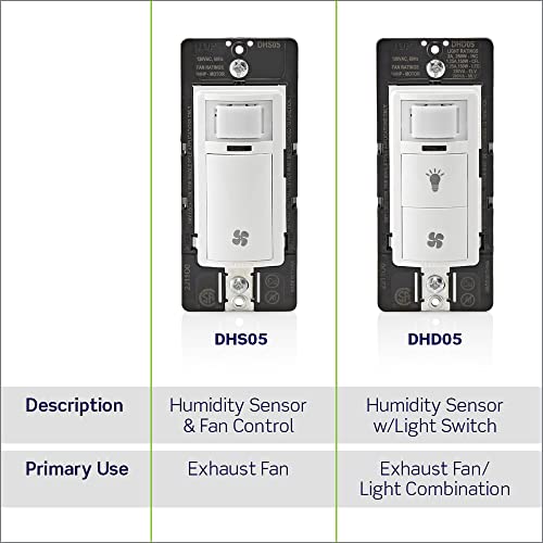 Leviton DHD05-1LW Dual Combination Humidity Sensor with Separate Light Switch, automate bathroom exhaust fan, air circulation, moisture control, ¼ HP, Single Pole/Single Pole, White