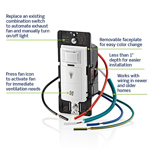 Leviton DHD05-1LW Dual Combination Humidity Sensor with Separate Light Switch, automate bathroom exhaust fan, air circulation, moisture control, ¼ HP, Single Pole/Single Pole, White