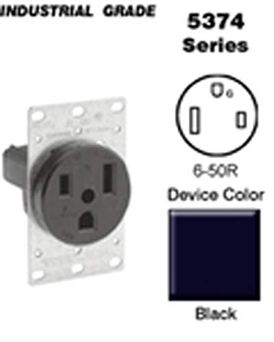 Leviton 5374-S00 50 Amp, 250 Volt, Flush Mounting Receptacle, Straight Blade, Industrial Grade, Grounding, Black, 1-Pack