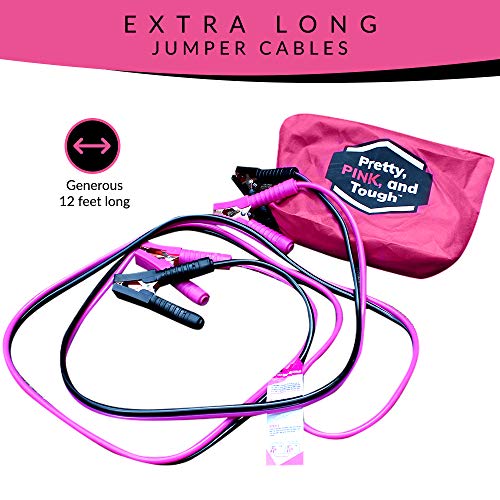 Pretty Pink and Tough Deluxe Jumper Cable Set - Pink Jumper Cables for Teen Girls and Women - 12-ft, Pink and Black Carry Pouch, Instruction Card,