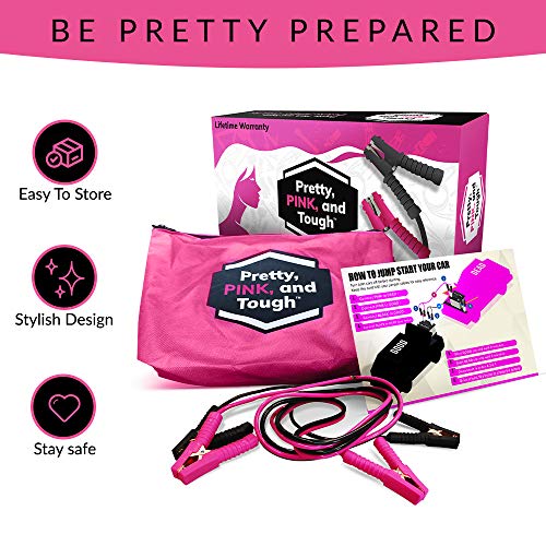 Pretty Pink and Tough Deluxe Jumper Cable Set - Pink Jumper Cables for Teen Girls and Women - 12-ft, Pink and Black Carry Pouch, Instruction Card,