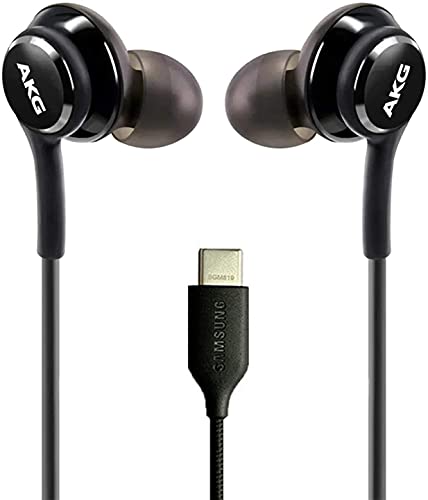 SGNics 2021 Stereo Headphones for Samsung Galaxy A21 Braided Cable - Designed by AKG - with Microphone (Black) USB-C Connector