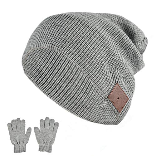 BearsFire Wireless Music Hat Beanie Compatible with Bluetooth Headphone Stereo Speaker Mic, Winter Warm Thick Skull Hat Washable Knit Running Cap for Men Women Outdoor Sports (Light Grey)