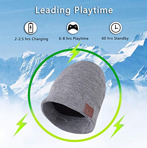 BearsFire Wireless Music Hat Beanie Compatible with Bluetooth Headphone Stereo Speaker Mic, Winter Warm Thick Skull Hat Washable Knit Running Cap for Men Women Outdoor Sports (Light Grey)