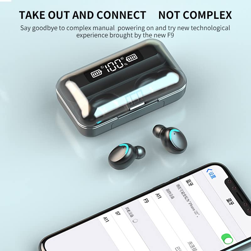 True Wireless Bluetooth Headphones Earbuds Game Headsets with Wireless Charging Case Waterproof Clear Noise Reduction Stereo Earphones in-Ear Touch Control Long Endurance headsets F9