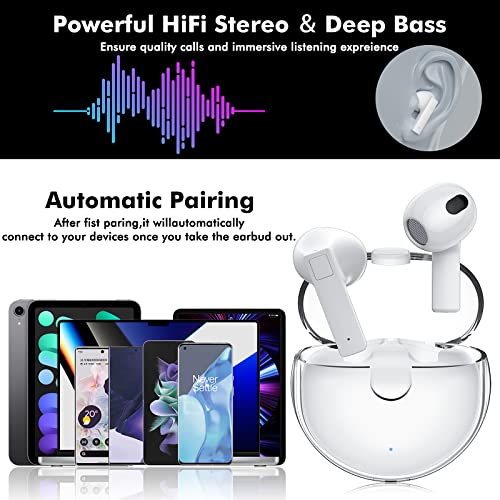 TITACUTE Wireless Earbud Bluetooth Headphone Clear in-Ear Earphone for iPhone 14 13 Pro Max 12 11 XR 8 Galaxy Z Flip Fold 4 3 Samsung S23 S22 S21 S20 A53 A14 Pixel 6 7 6a Noise Canceling USB C Headset