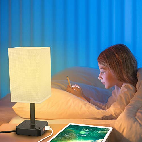 cozoo Bluetooth/WiFi RGB & USB Bedside Table Lamp with 3 USB Charging Ports and 2 Outlets Power Strip, LED Light Bulb Dimmable, Music Sync RGB Color Changing Light for Party Home/Bedroom/Living Room